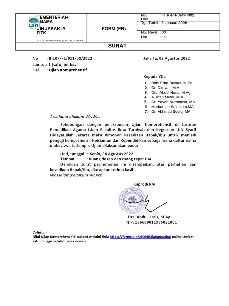 Surat Penguji Kompre 08 Agustus 2022 | PDF