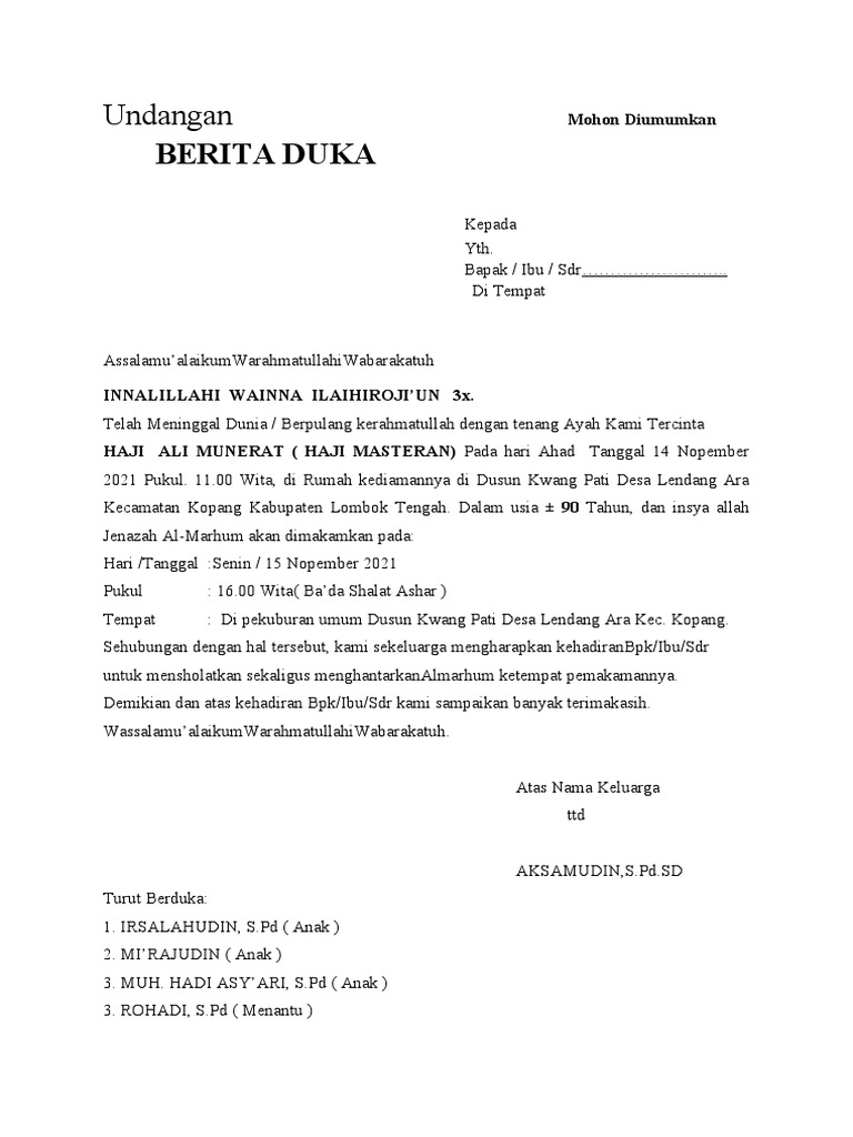 Undangan Takziah H. Ali Munerat | PDF