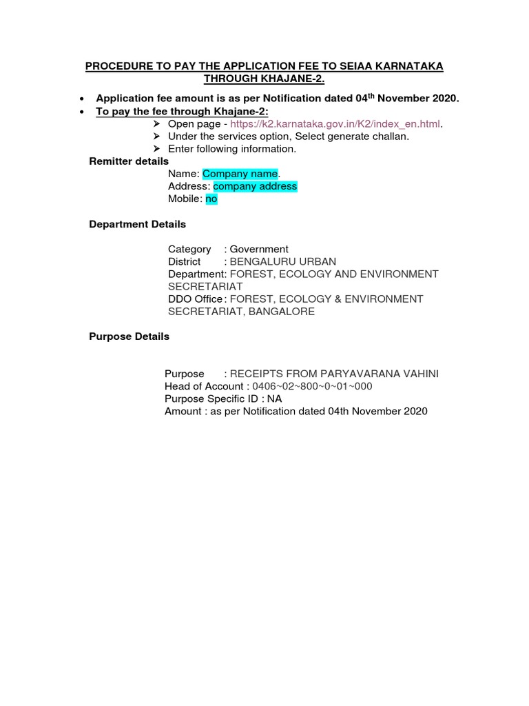 Procedure To Pay The Application Fee To Seiaa Karnataka Through Khajane ...