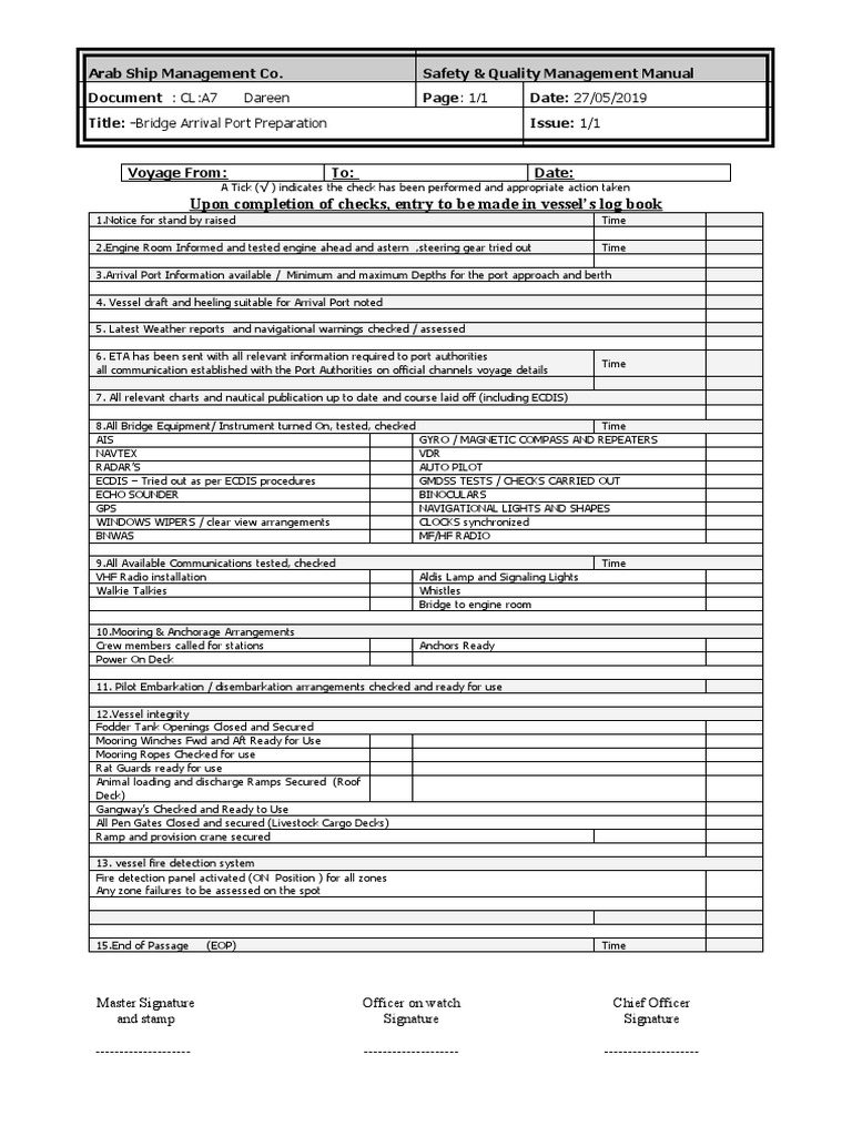 Bridge Arrival Port Preparation Checklist | PDF