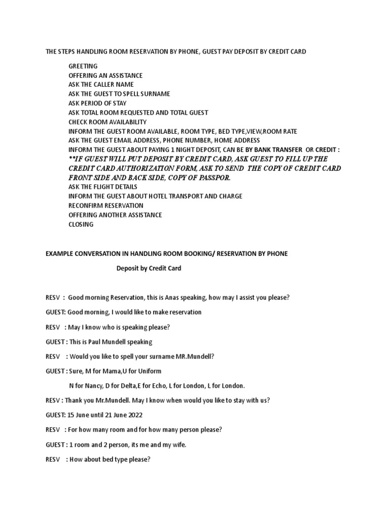 03.the Steps Handling Room Reservation by Phone | PDF | Credit Card ...