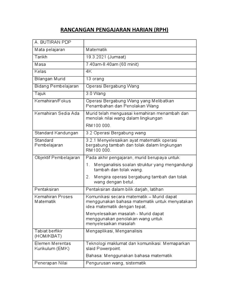 RPH Matematik Operasi Bergambung Tambah Dan Tolak Wang | PDF | Karier ...