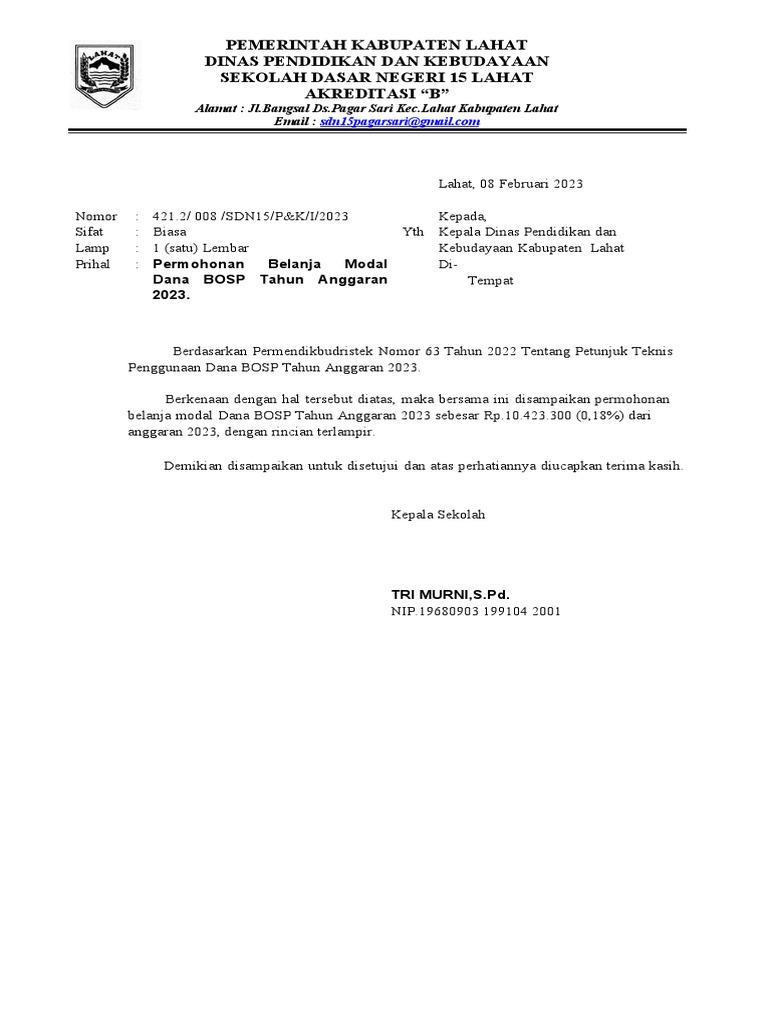 Contoh Surat Permohonan Belanja Modal 2023 | PDF