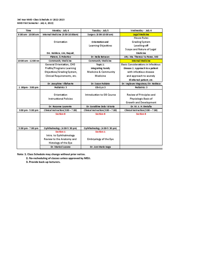 3rd Year NMD Class Schedule 2022-23 | PDF | Thrombosis | Doctor Of Medicine