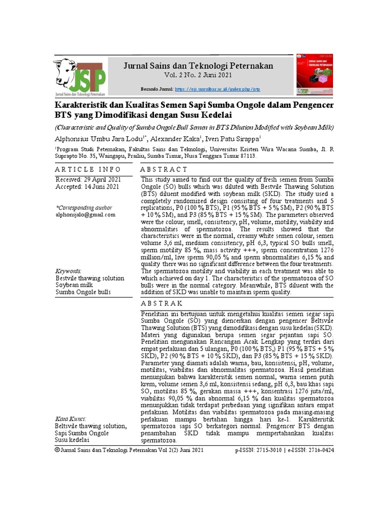 Karakteristik Dan Kualitas Semen Sapi Sumba Ongole Dalam Pengencer BTS ...