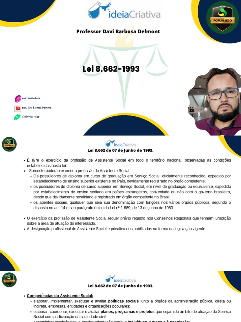 Lei 8.662-93 Aula em PDF | PDF | Trabalho social | Diploma de bacharel