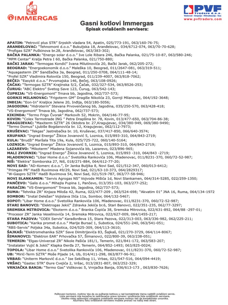 Spisak Servisera Za Gasne Kotlove Immergas 13.03.2019 | PDF