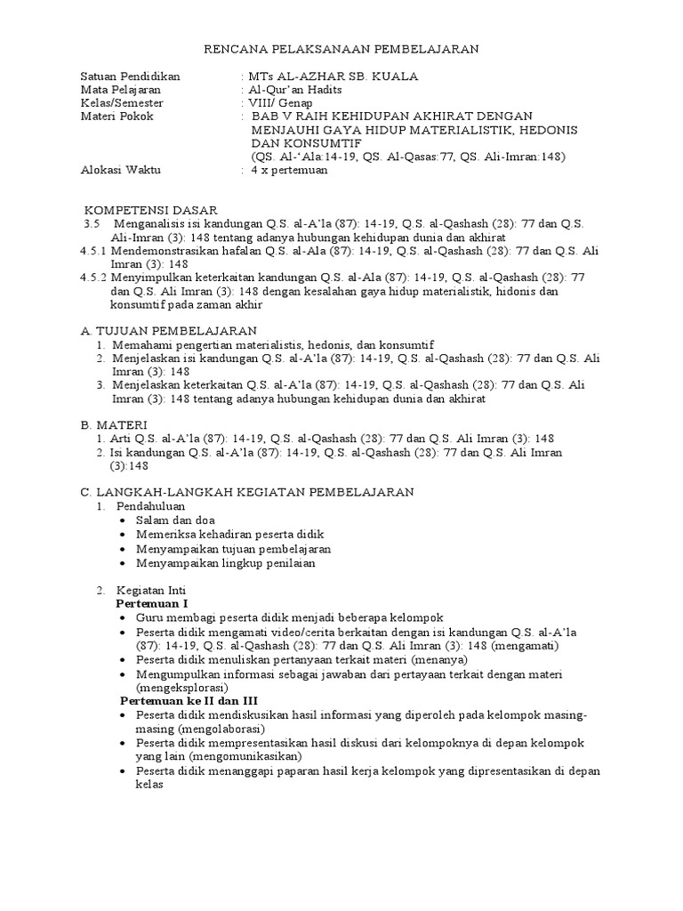 RPP Qh. Kelas 8 SMT 2 Bab 5 | PDF