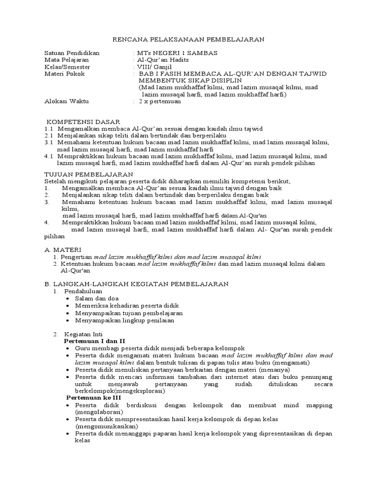 RPP Qh. Kelas 8 SMT 1 Bab 1 2X | PDF