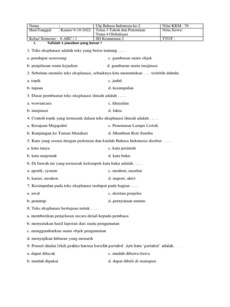 Ulg Bhs Ind Tema 3 Dan 4 THN 2022 | PDF