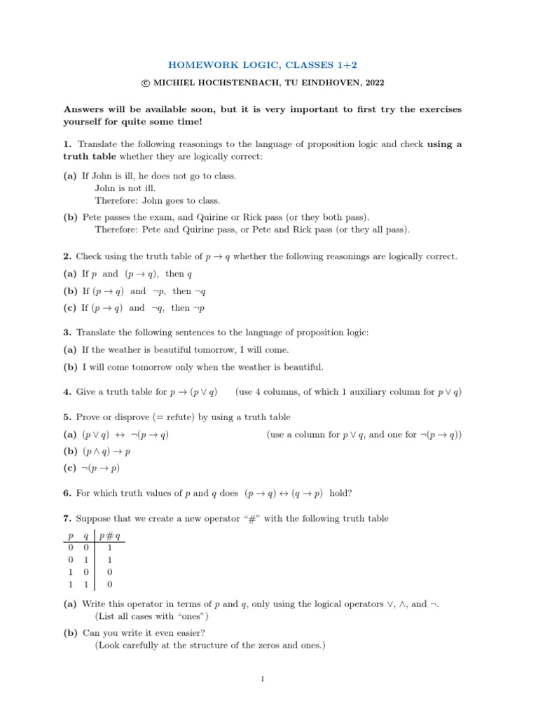 Homework Logic | PDF | Logic | Mathematical Logic