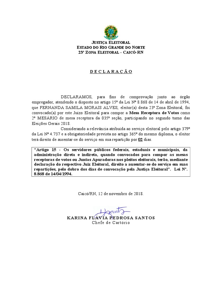 DECLARAÇÃO Segundo Turno | PDF