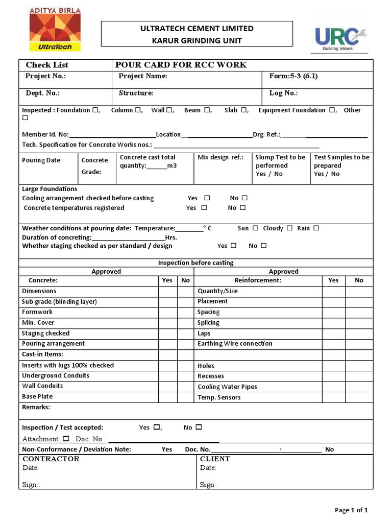 4.pour Card For RCC Work | PDF | Concrete | Building Engineering