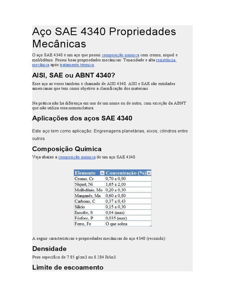 Aço SAE 4340 Propriedades Mecânicas | PDF | Aço | Forjar (fundição)