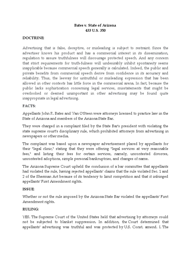 Bates v. Arizona: Attorney Advertising Ruling | PDF