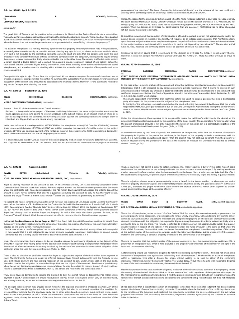 Interpleader Cases and Legal Principles | PDF | Lawsuit | Certiorari