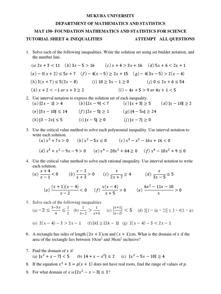 Mat150 Tutorial Sheet 4 - Inequalities | PDF | Inequality (Mathematics) | Applied Mathematics