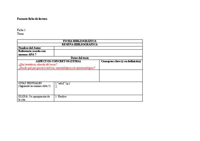 Formato de ficha de lectura para resumir y analizar un texto de manera estructurada | PDF