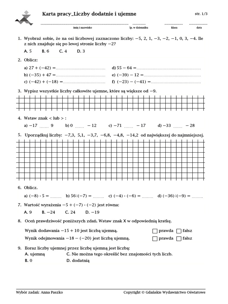 Karta Pracy Klasa 6 Liczby Dodatnie I Ujemne - Powtórzenie | PDF