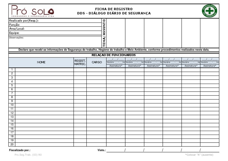 Pro - Seg.Trab. (03) R0 - Ficha de DDS | PDF