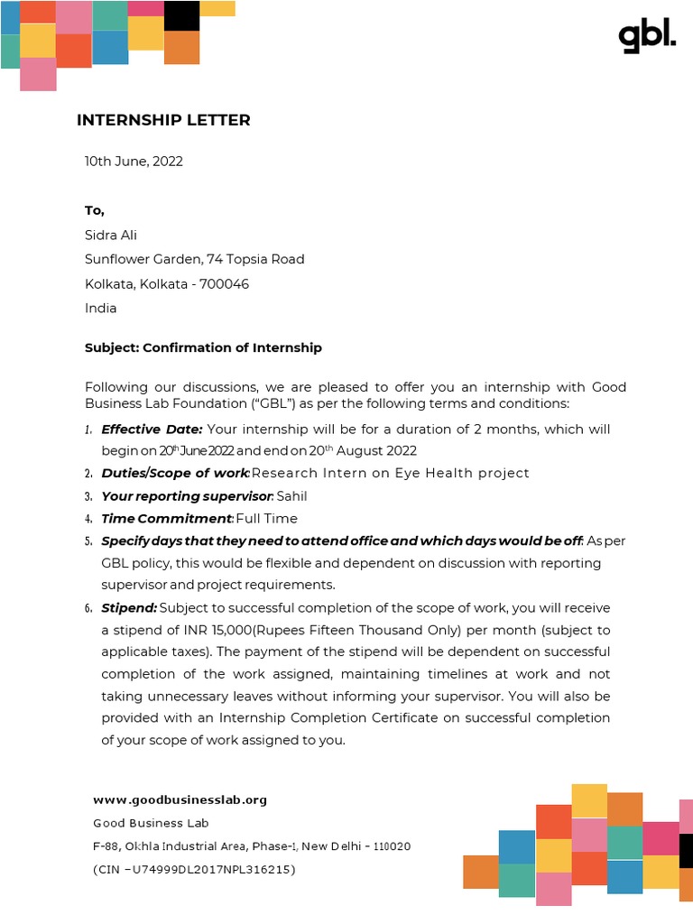 GBL Internship Letter-Sidra | PDF | Information | Confidentiality