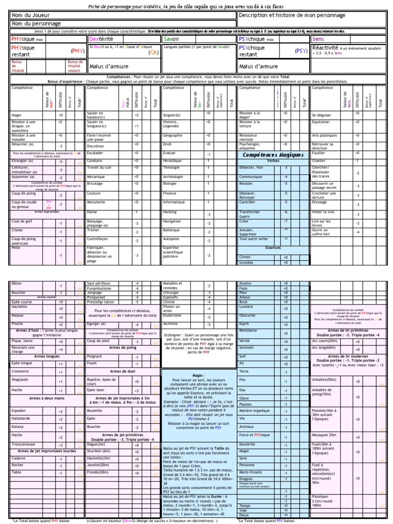Fiche de personnage pour UnDéSix RPG | PDF | Épée | Outils
