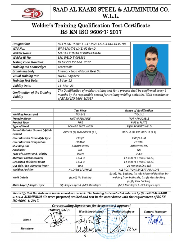 Welder Qualification Certificate - MADAP | PDF