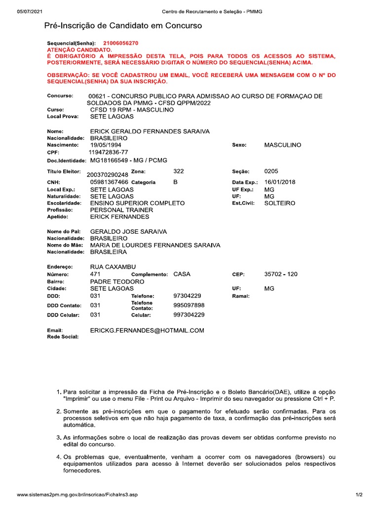 Ficha Inscrição PMMG | PDF