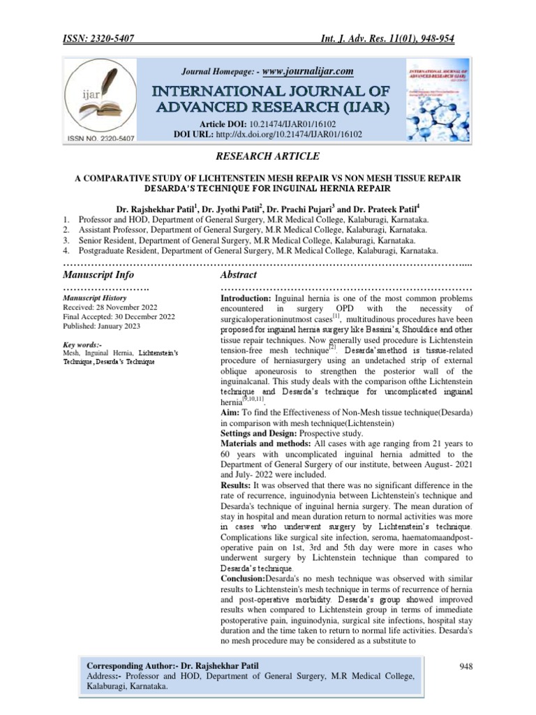 A Comparative Study of Lichtenstein Mesh Repair VS Non Mesh Tissue ...