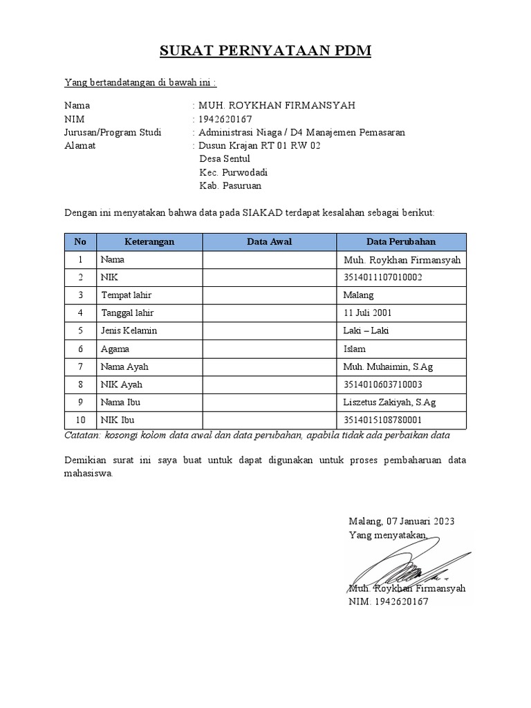 Surat Pernyataan PDM | PDF