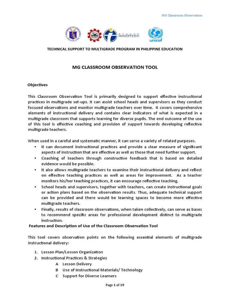 Multigrade Classroom Observation Tool | PDF | Teachers | Lesson Plan