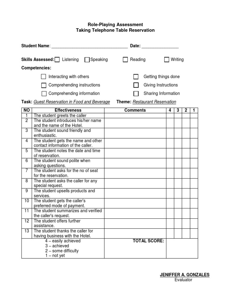 Rubrics For Telephone Reservation | PDF | Career & Growth