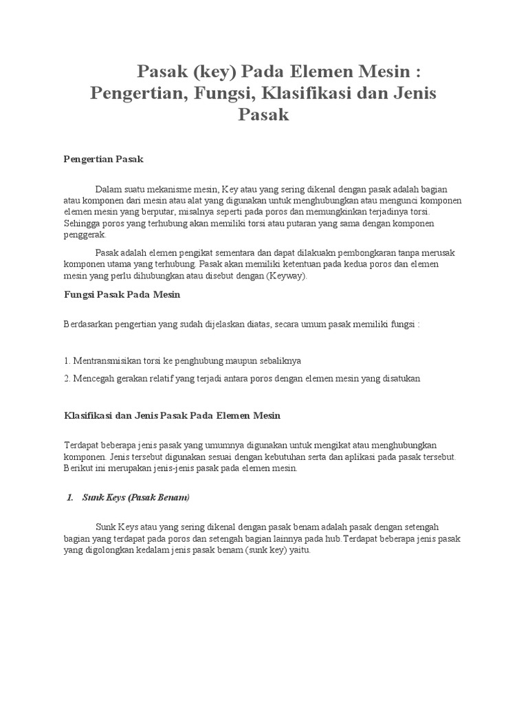 Pengertian Pasak Elemen Mesin | PDF