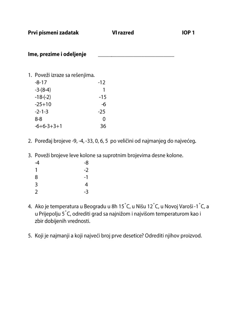 Prvi Pismeni Zadatak VI Razred IOP 1 | PDF