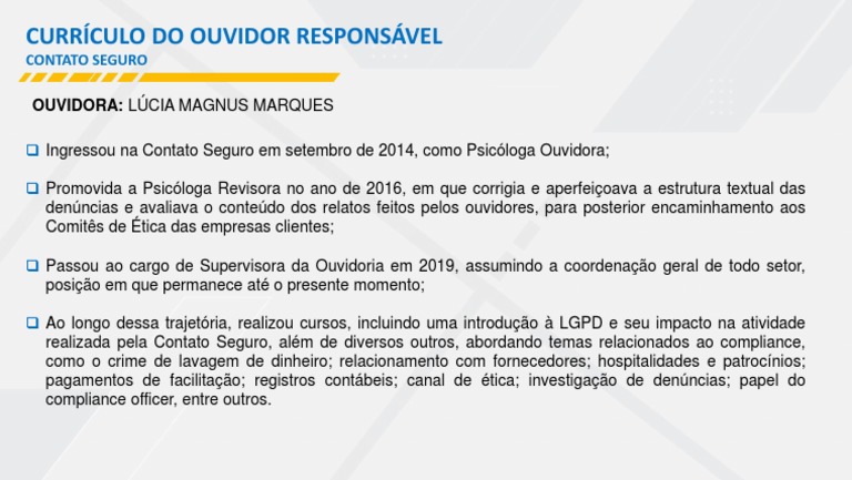 Lucia Magnus Marques Curriculo Ouvidora | PDF