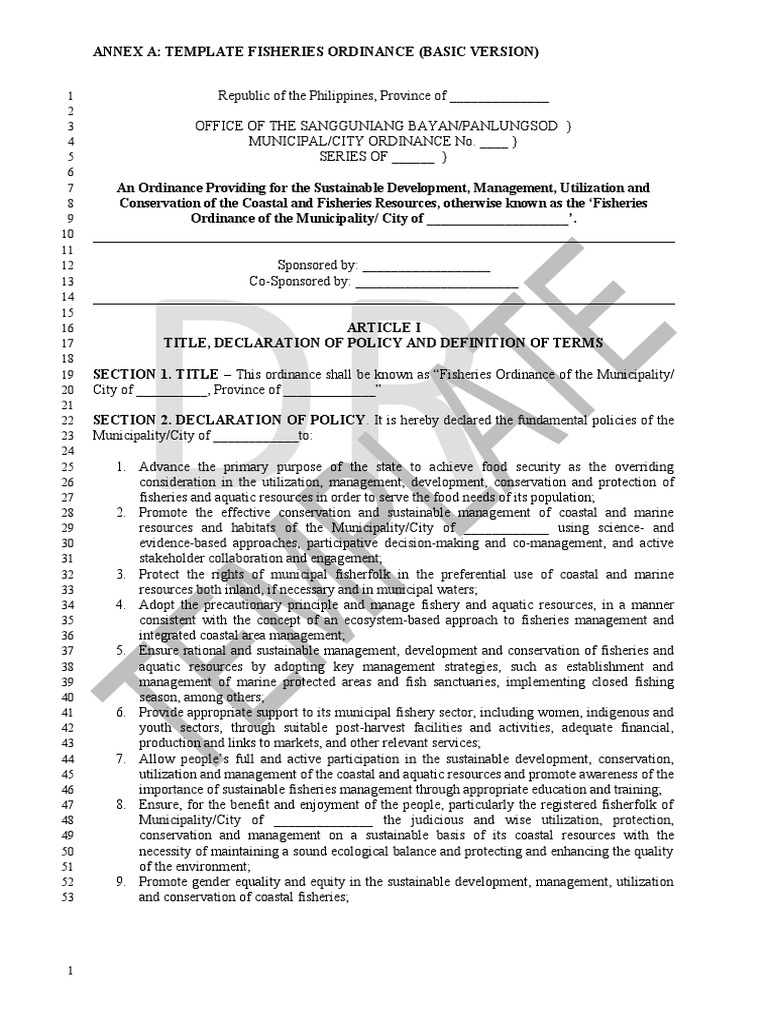Fisheries Ordinance Template Guide | PDF | Aquaculture | Protected Area