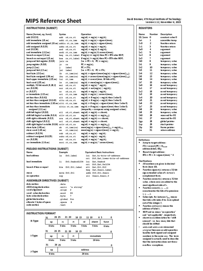 Mips Ref Sheet | PDF | Computer Related Introductions | Office Equipment