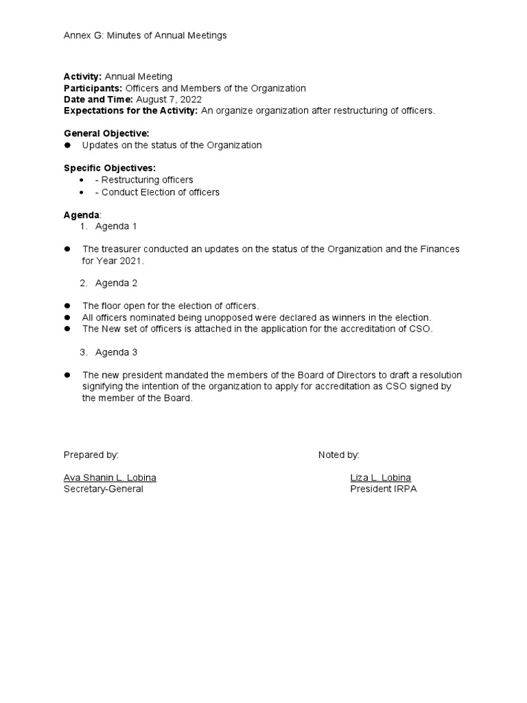 Annex G Minutes of The Annual Meeting | PDF