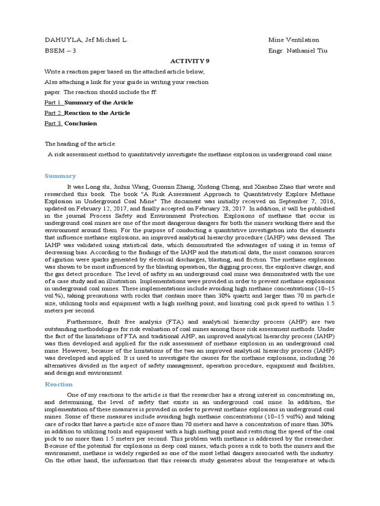Quantifying the Risk of Methane Explosions in Underground Coal Mines ...