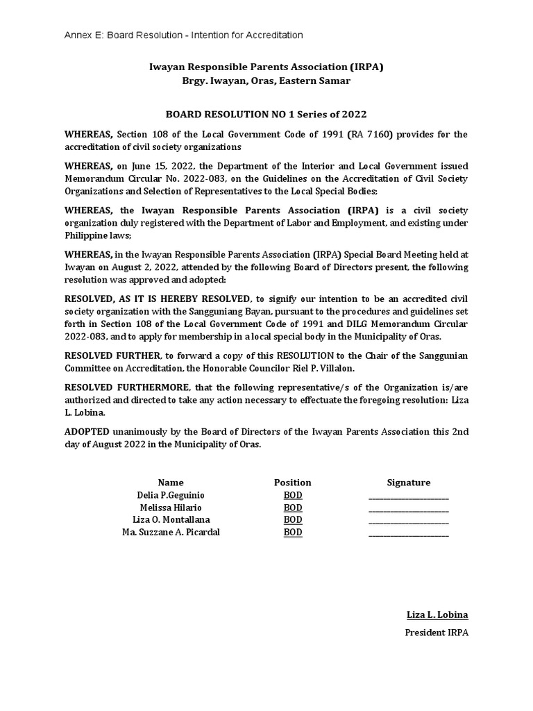 Annex E CSO Board Resolution | PDF | Philippines | Justice