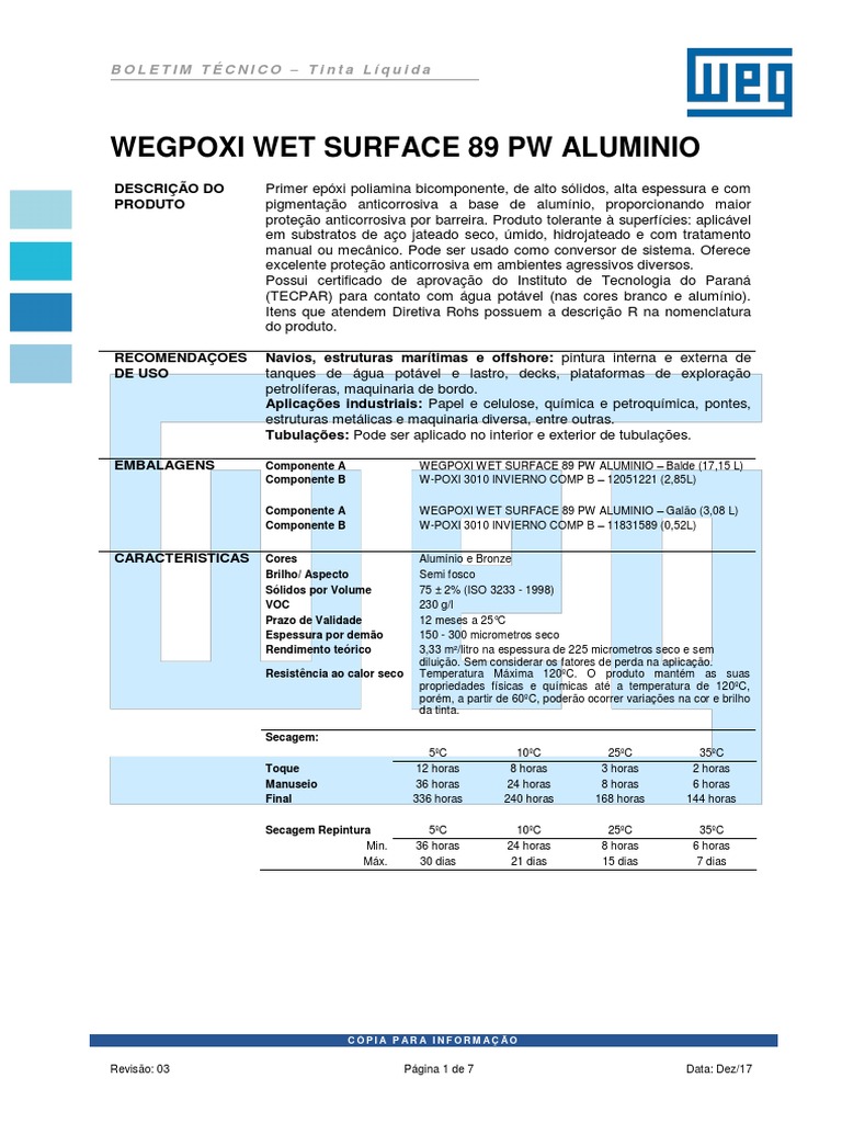 WEG Wepoxi Wet Surface 89 PW Aluminio Boletim Tecnico Portugues BR | PDF | Tinta | Química