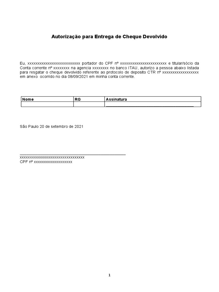 Carta de Retirada de Cheque em Banco | PDF