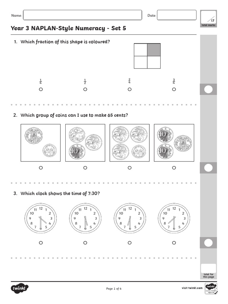 Au t2 M 2658 Naplan Style Numeracy Year 3 Example Test Set 5 Exam ...