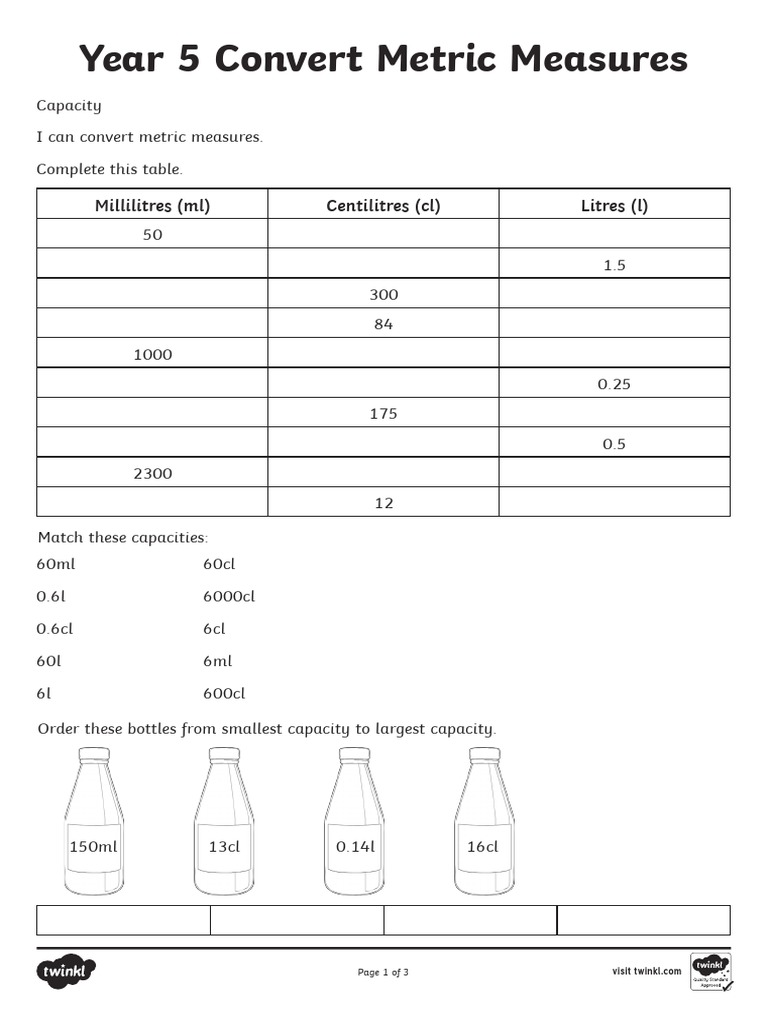 t2 M 41341 Year 5 Convert Metric Measures Activity Sheets - Ver - 5 | PDF | Litre | Kilogram