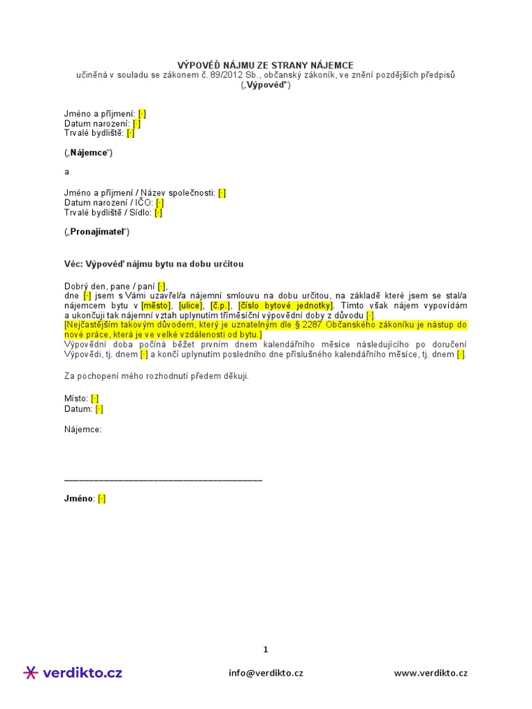 Vzor - Vypoved Z Najmu Na Dobu Urcitou | PDF