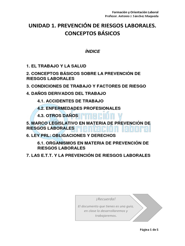 Unidad 1.prevención de Riesgos Laborales. Conceptos Básicos | PDF | Labor | Peligros