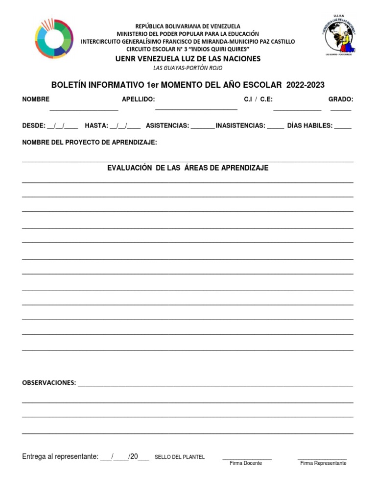 FORMATO BOLETÍN INFORMATIVO 1er MOMENTO DEL AÑO ESCOLAR 2022 2023 | PDF