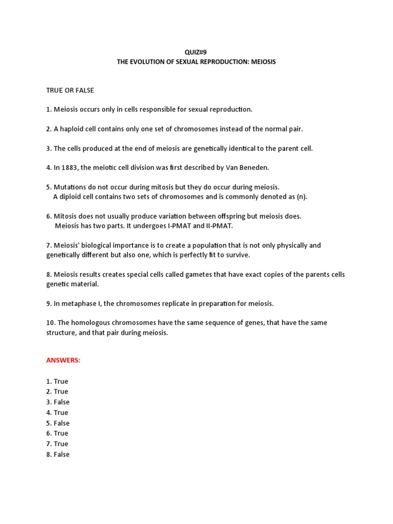 QUIZ-9 Evolution of Sexual Reproduction Meiosis | PDF | Meiosis ...