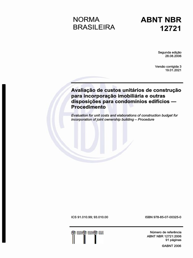 NBR 12721 2021 - Avaliação de Custos | PDF