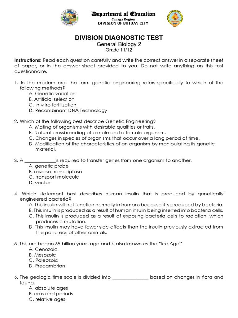 General Biology 2 Diagnostic Test | PDF | Evolution | Genetics